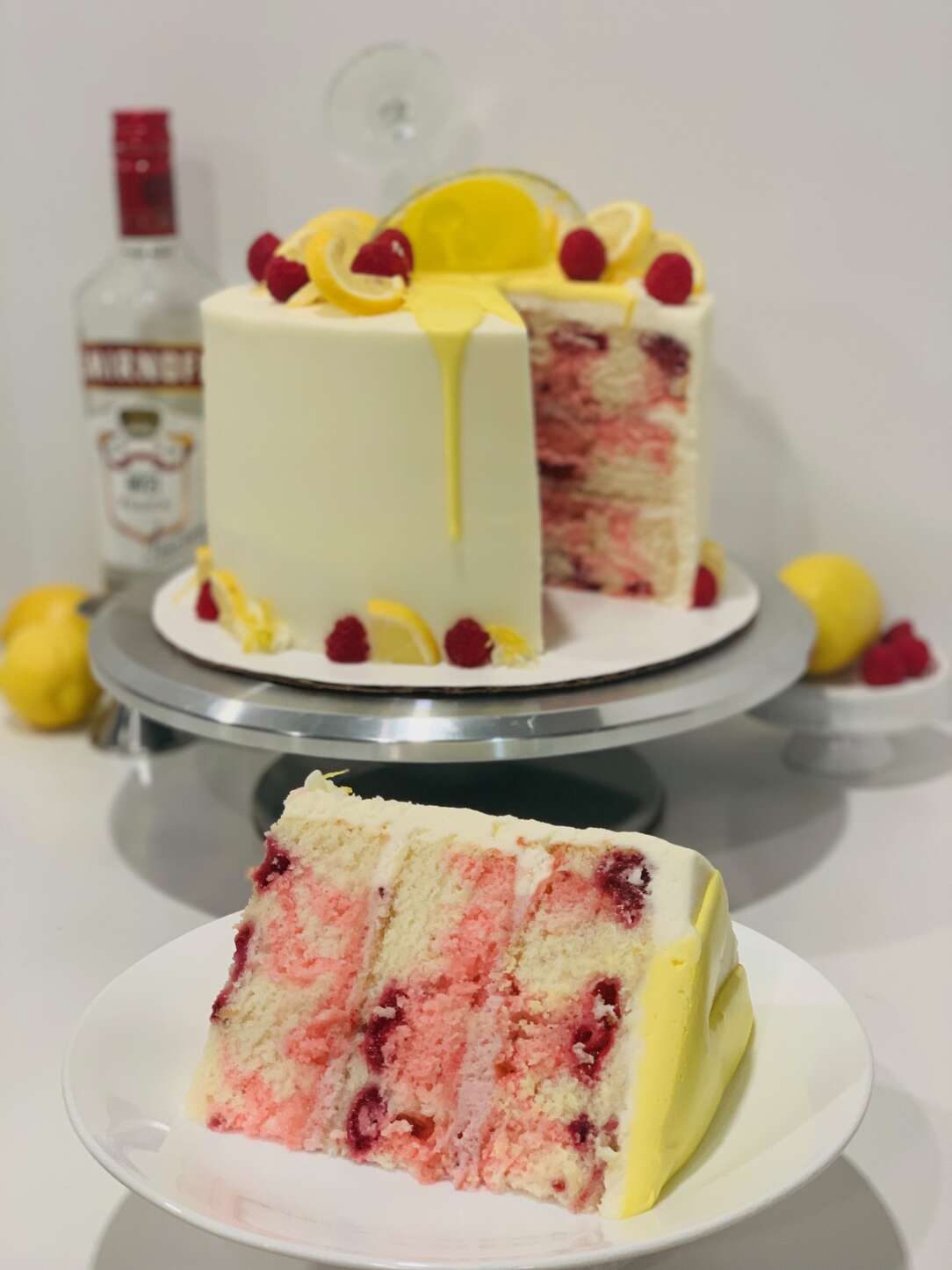 Raspberry Lemon Drop Cake - slice cut